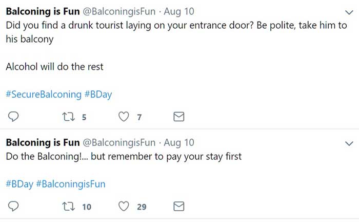 ‘BALCONING IS FUN’: Sick posters and tweets mocking tourist balcony ...